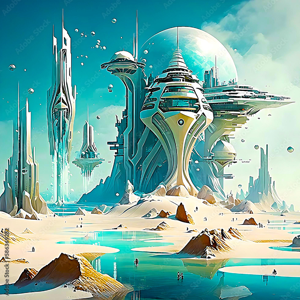 sci-fi landscape with the sea Stock Illustration | Adobe Stock