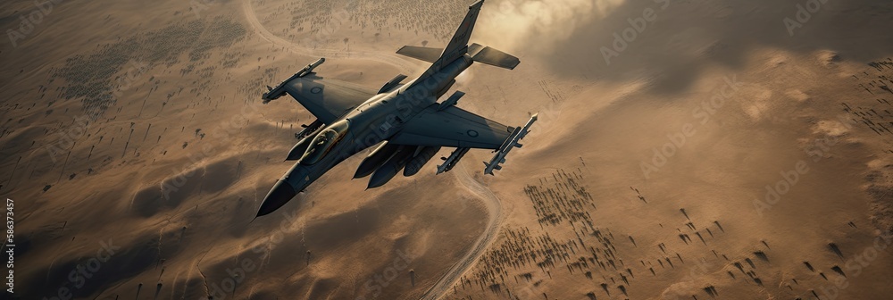 aerial high view of a generic military fighter jet crosses over a ...