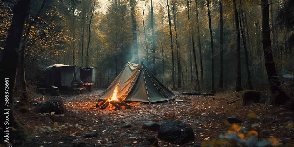 Wilderness Retreat. Panoramic shot of a campsite in the middle of a ...