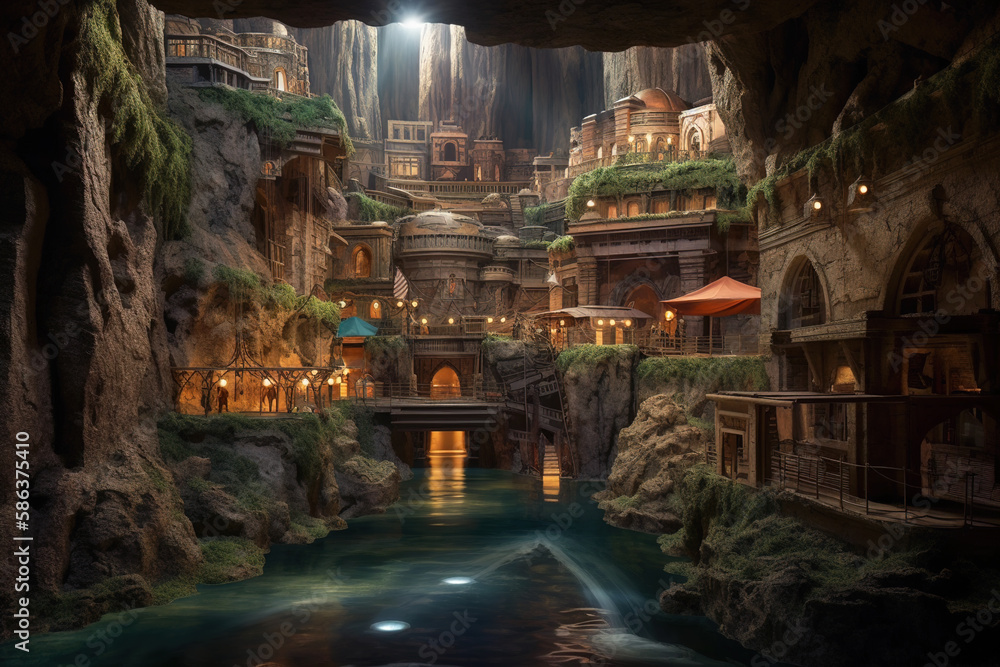 Underground city with river and rooms, fantasy of lost cave town ...