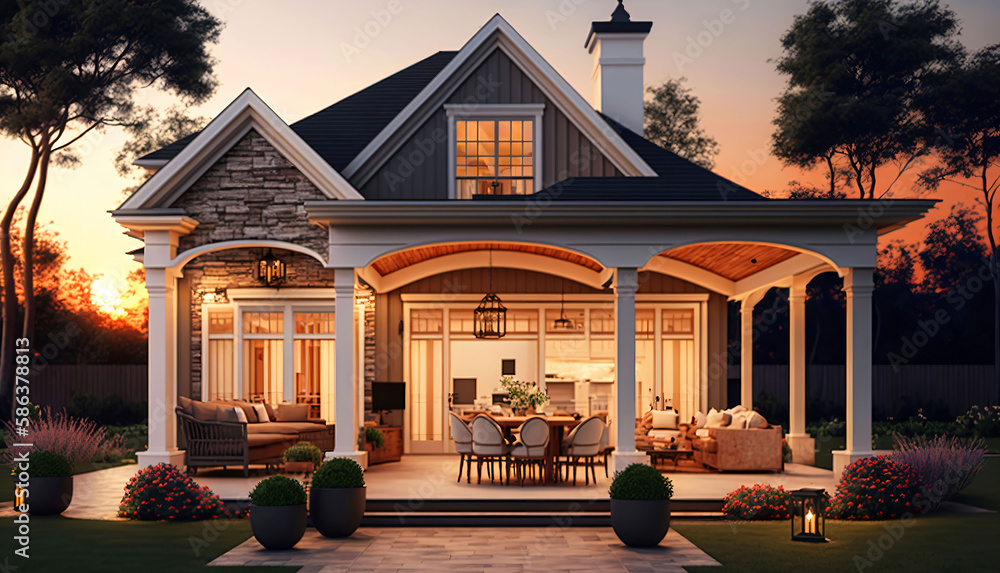Ai Generated, Beautiful luxury home exterior at sunset. Features large ...