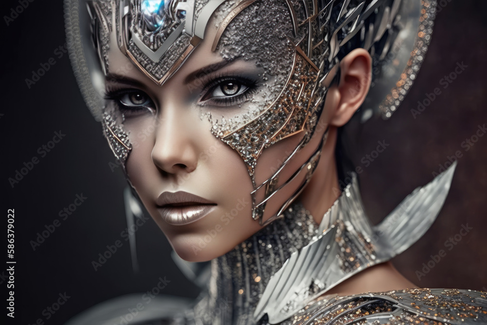 young woman wearing a carnival costume with silver headdress and silver ...