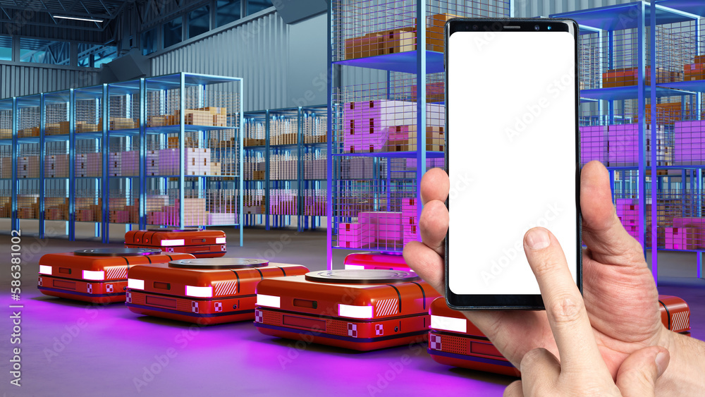 Warehouse phone template. Automated guided vehicles. Smartphone white ...