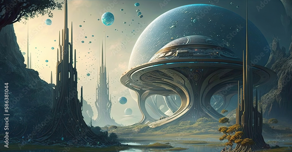 spaceship with a dome on an alien planet with tum-like formations in ...