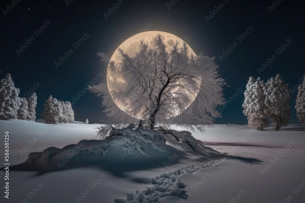 beautiful winter landscape with snow covered tree in front of the ...