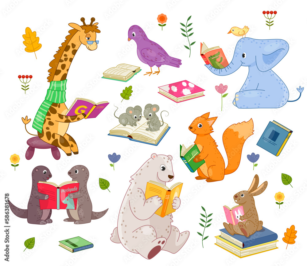 Funny animals read books set. Giraffe, elephant, mice and colorful ...