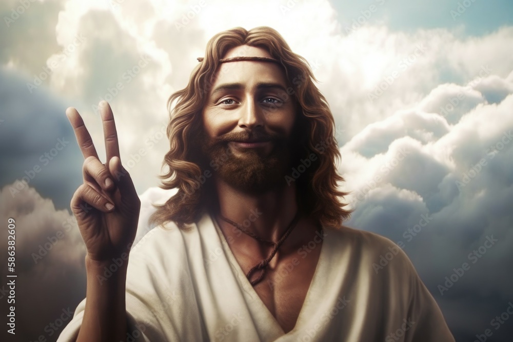 Jesus Christ with positive emotion and good mood. Two fingers gesture ...