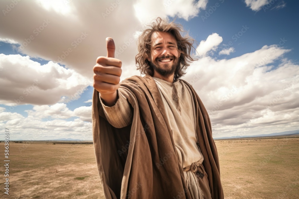 Jesus Christ with positive emotion and good mood. Thumb up. AI ...