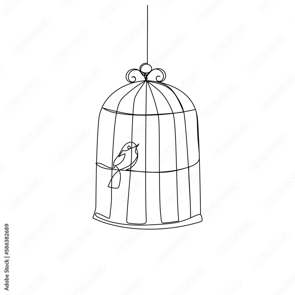 Continuous one line drawing of a bird in a cage. Simple vector ...