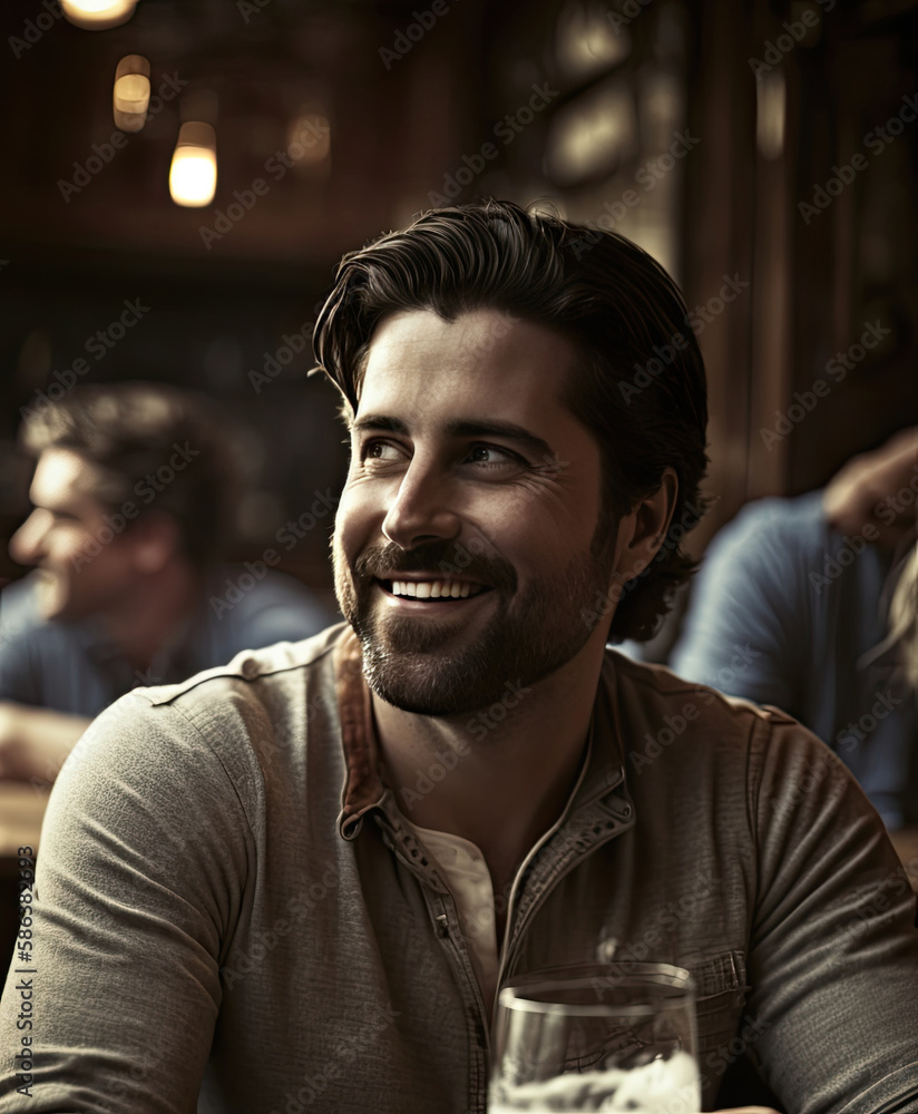 smiling man with neat beard and brown hair in a bar, beer glass in ...