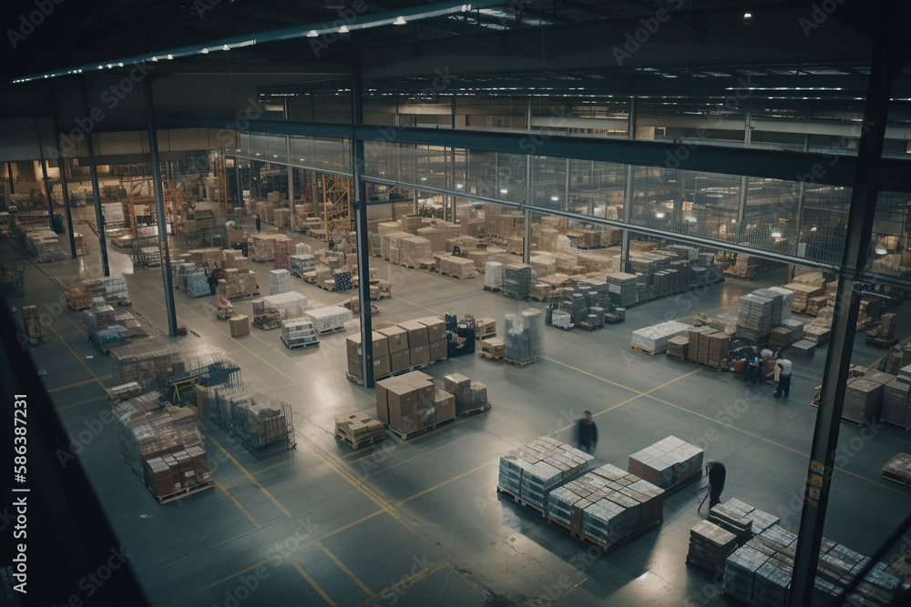 Warehouse Operations. A bird's eye view of a bustling warehouse with ...