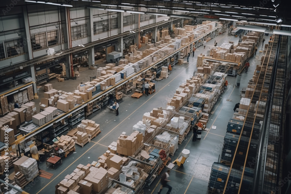 Warehouse Operations. A bird's eye view of a bustling warehouse with ...
