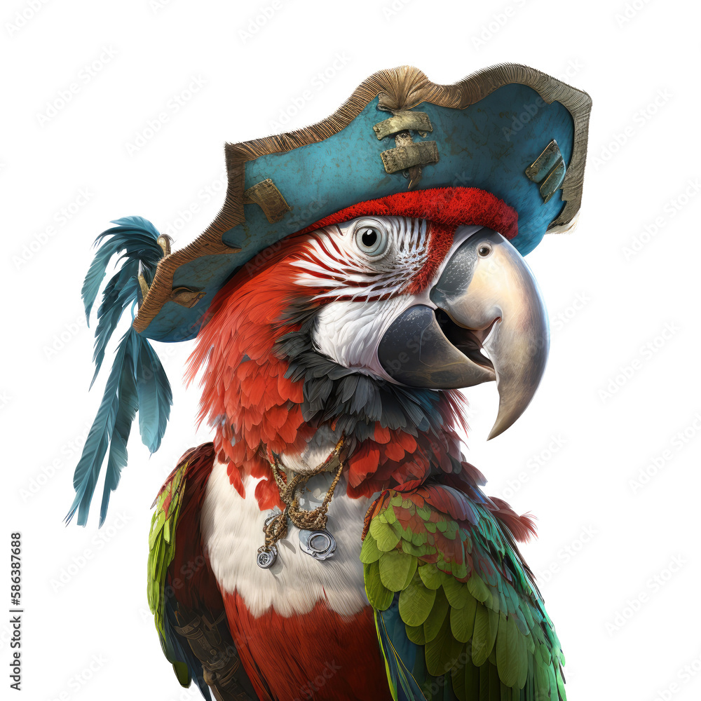 a pirate-themed photographic illustration of a green and red macaw ...