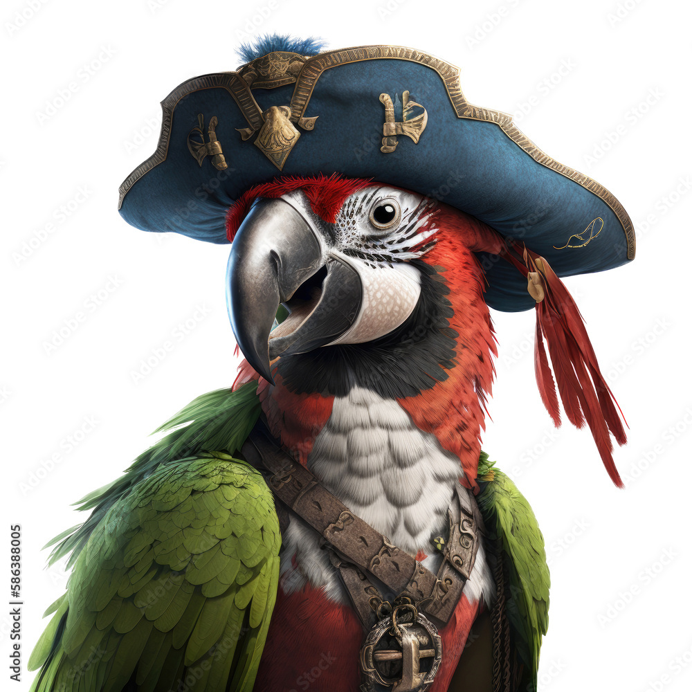a pirate-themed photographic illustration of a green and red macaw ...