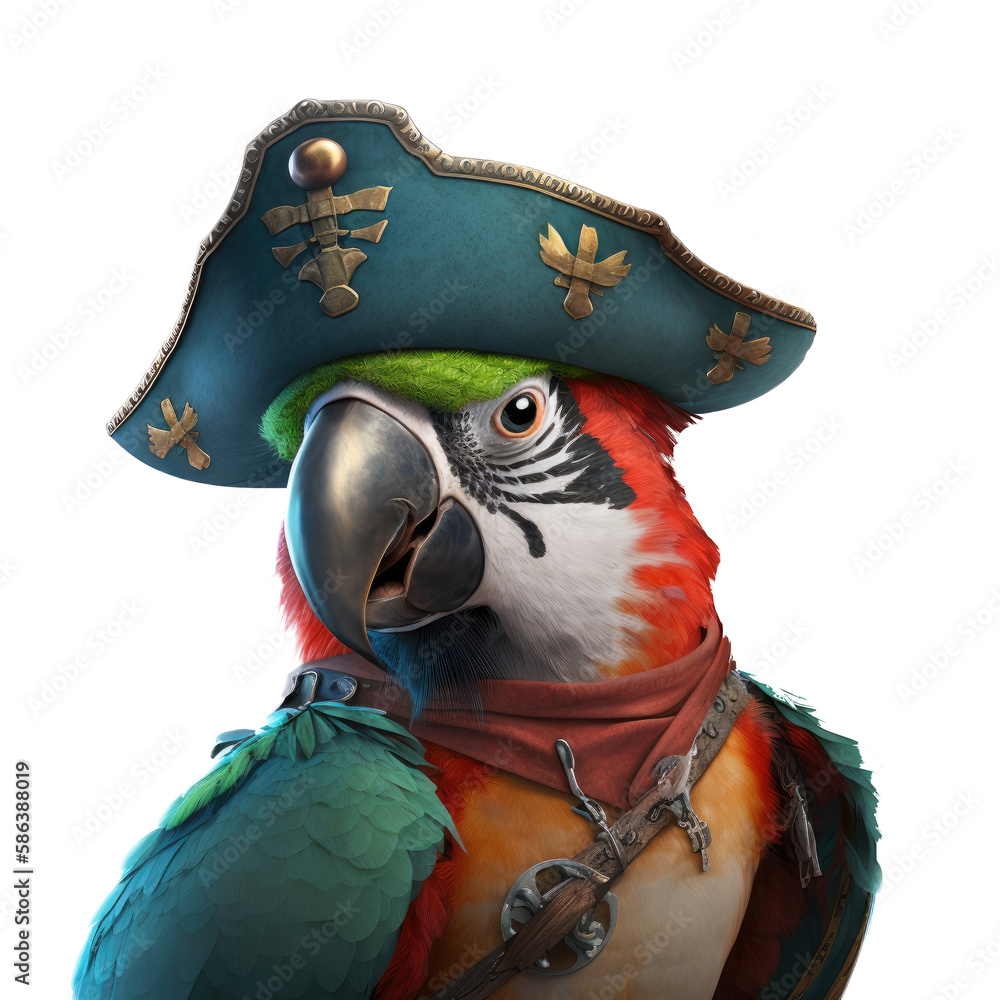 a pirate-themed photographic illustration of a green and red macaw ...