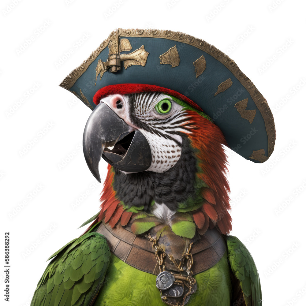 a pirate-themed photographic illustration of a green and red macaw ...