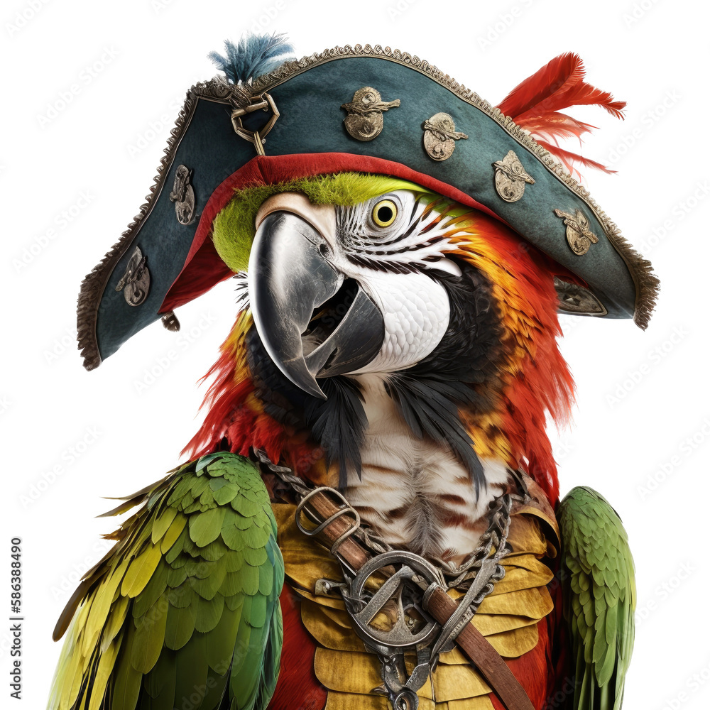 a pirate-themed photographic illustration of a green and red macaw ...
