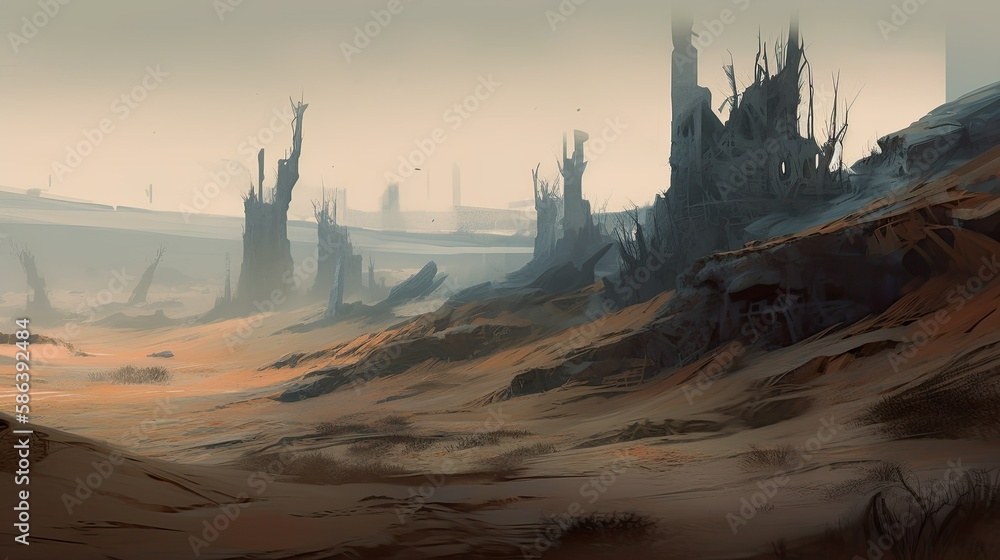 A barren and desolate wasteland with scorching sands, towering dunes ...