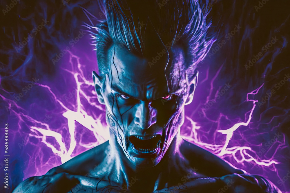 abstract illustration in blue and purple, angry man with erect hair and ...