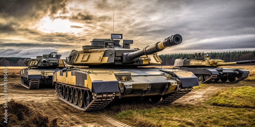 Army or military tanks ready to attack in a battle moving over a ...