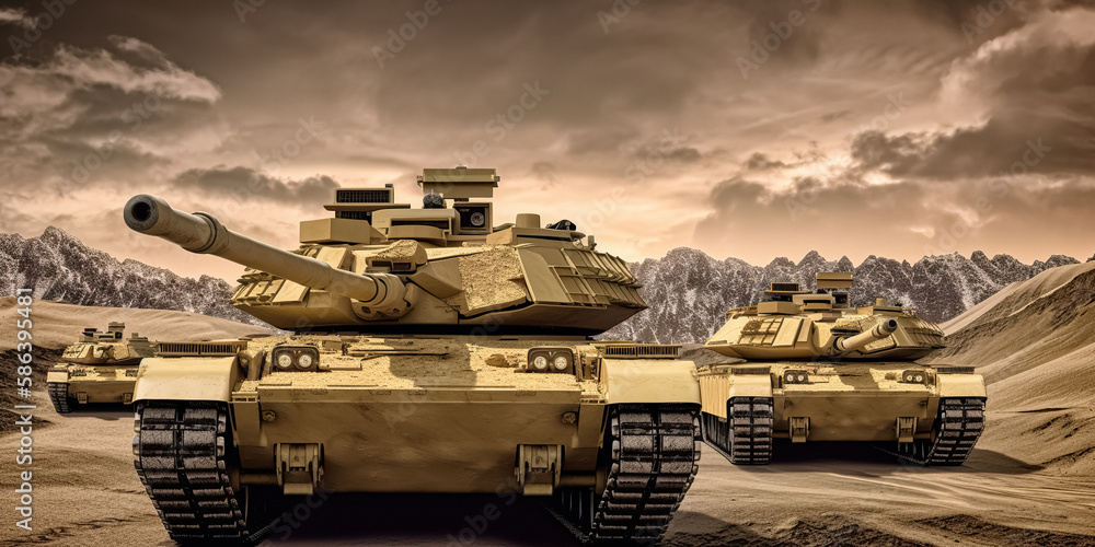 Army or military tanks ready to attack in a battle moving over a ...