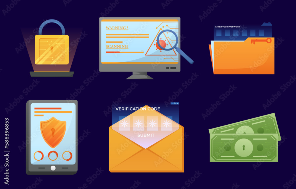 Digital Data Protection Design Element Vector Cyber Security Illustration Set Cloud Computing