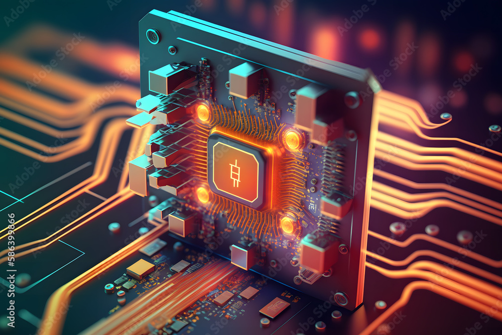 A board with chips and a gaming graphics card processor. Progressive ...