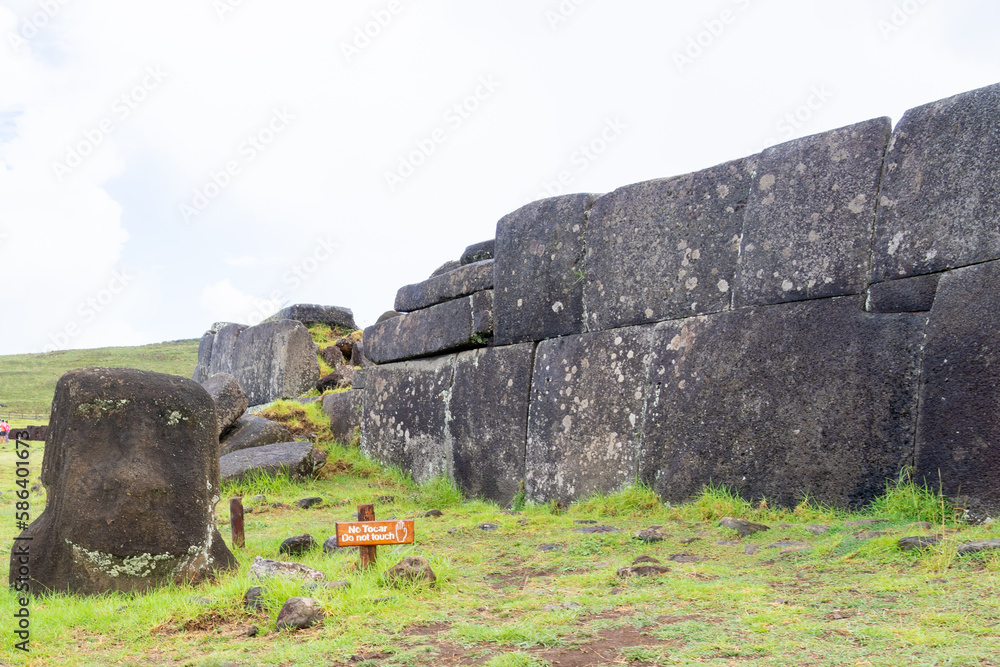Easter Island, Chile - February 28, 2023: Wall of the ahu Tahira and ...