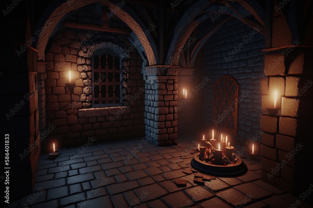 Castle dungeon interior. Ai. Stone brick walls and torches Stock ...