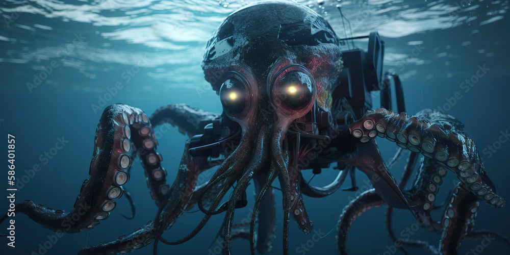Cyborg octopus gracefully maneuvering in the ocean depths. Generative ...