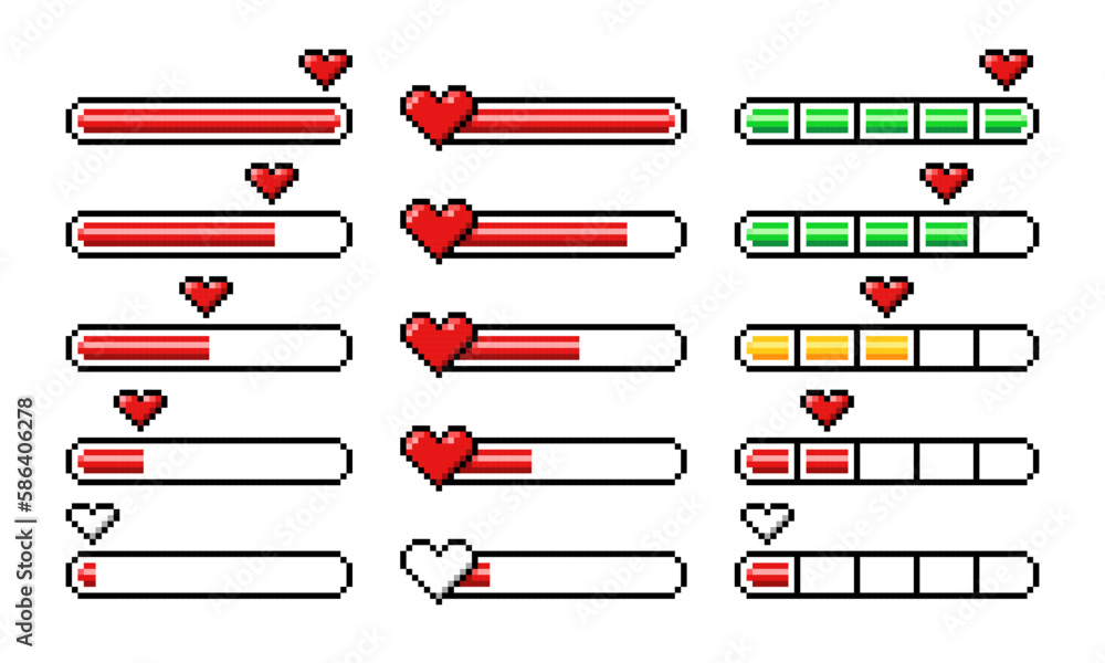 Fototapeta Pixel heart loading bars, 8 bit video game arcade assets and life status, vector ...