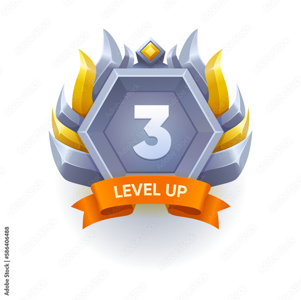 Game level up and win metal badge, isolated vector user interface gui ...