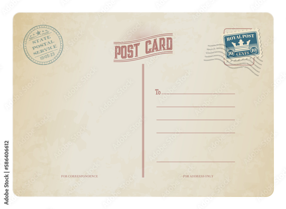 Antique postcard, retro postage stamp on vintage mail card, vector ...