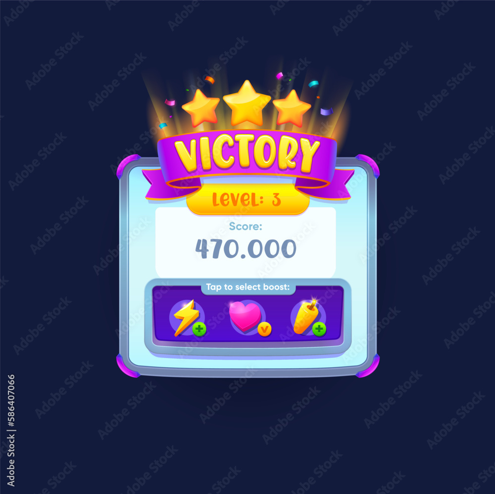Game victory sign, banner or popup window. Vector award badge with ...