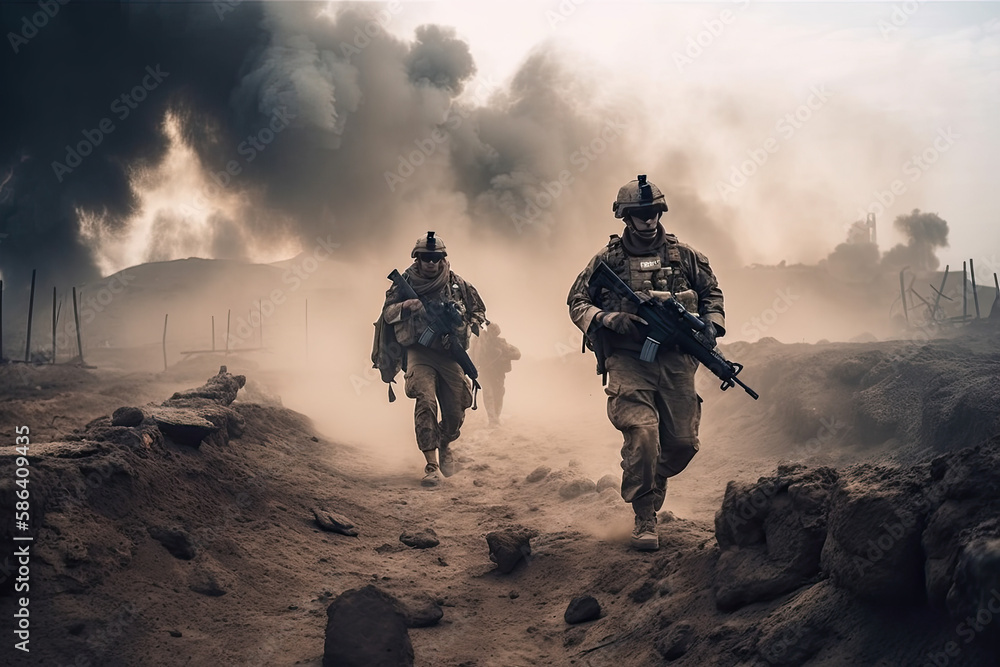 Special Forces Military soldier walking through destruction and ...