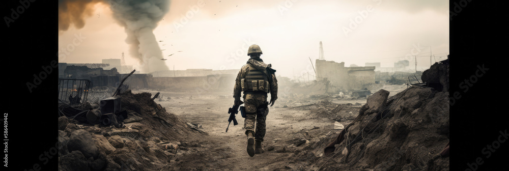 Special Forces Military soldier walking through destruction and ...
