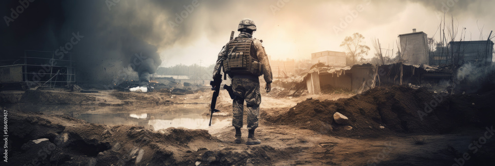 Special Forces Military soldier walking through destruction and ...