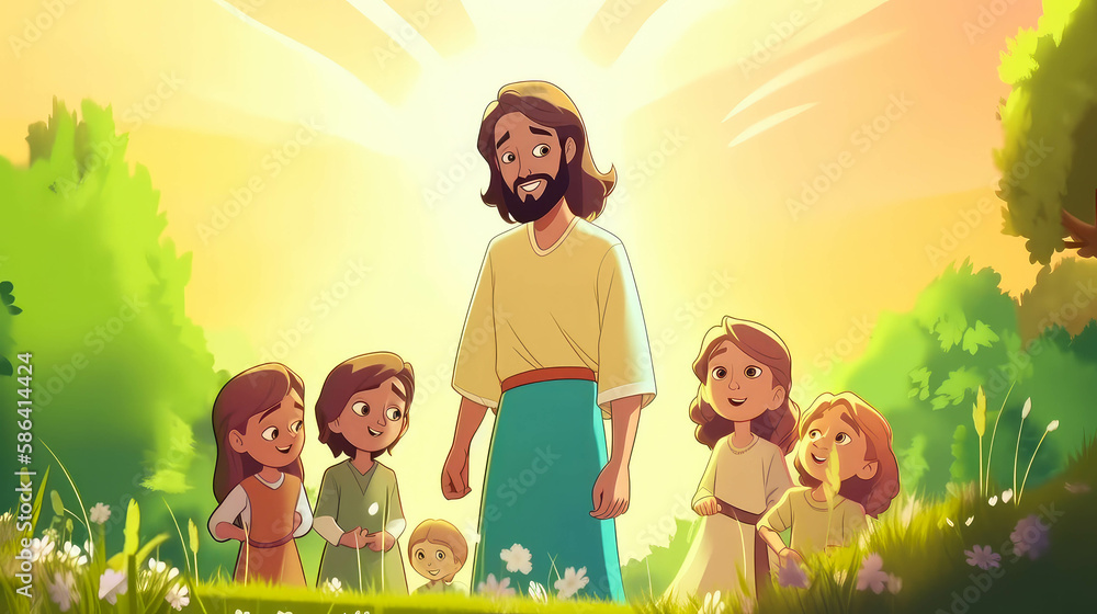 Cartoon Jesus standing and hugging happy kids. Generative AI. Stock ...
