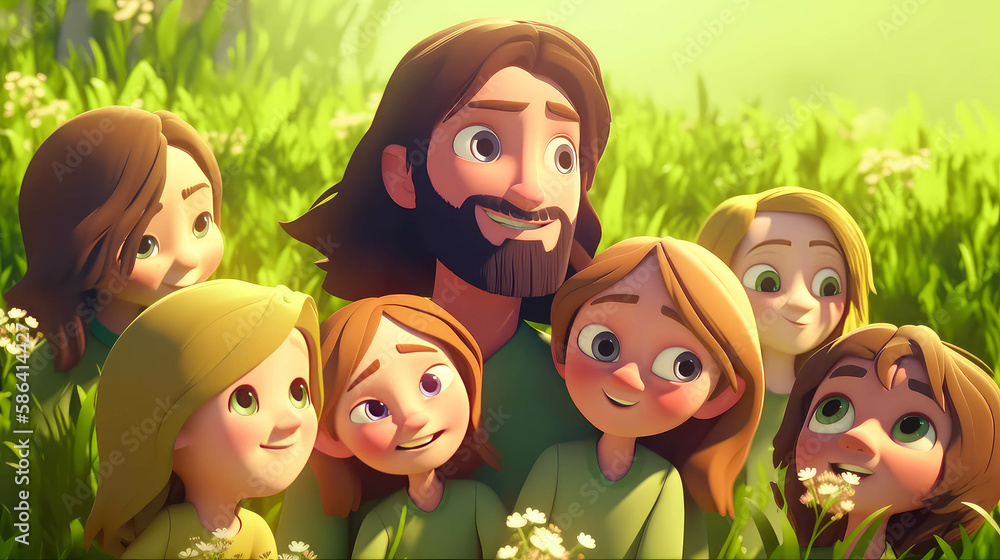 Cartoon Jesus standing and hugging happy kids. Generative AI. Stock ...
