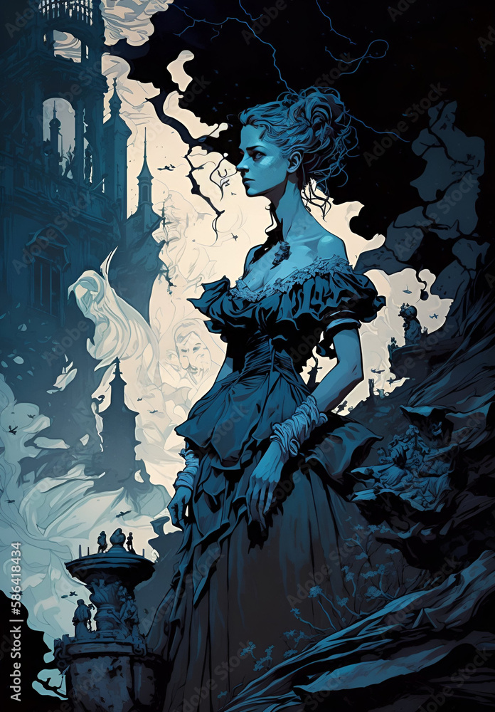 Gothic fantasy regency era illustration of a lady in a ball gown ...