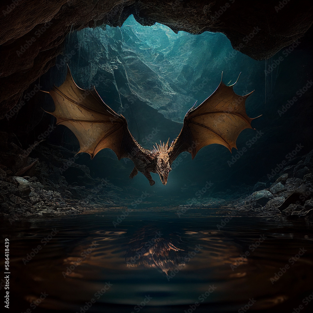 Frightening dragon with wings outspread descending into a dark and deep ...