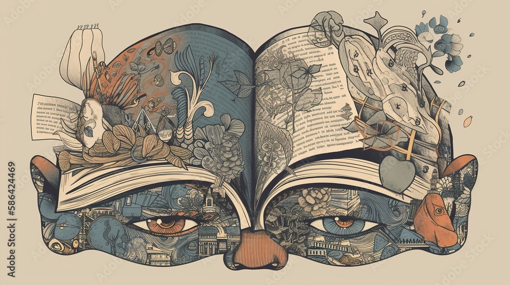 An image of a person holding an open book, with different characters ...