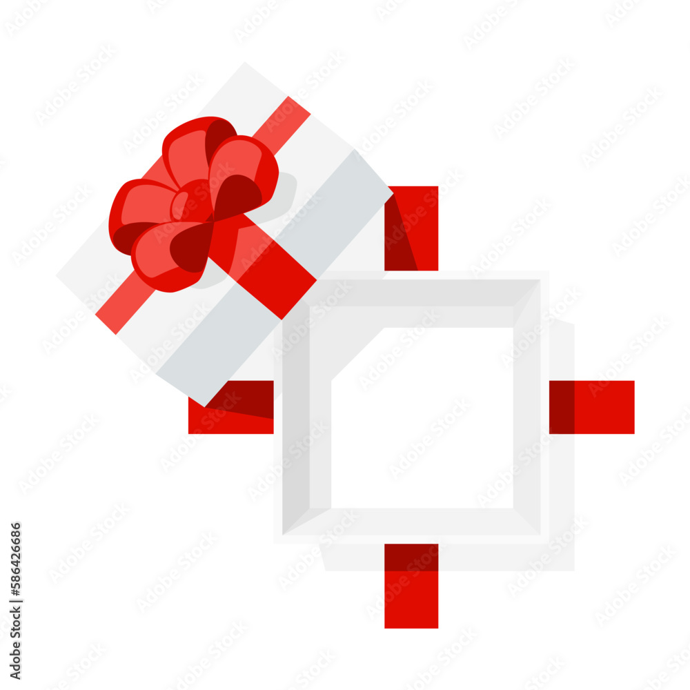 Open a mystery gift box with a red ribbon on isolated white background ...