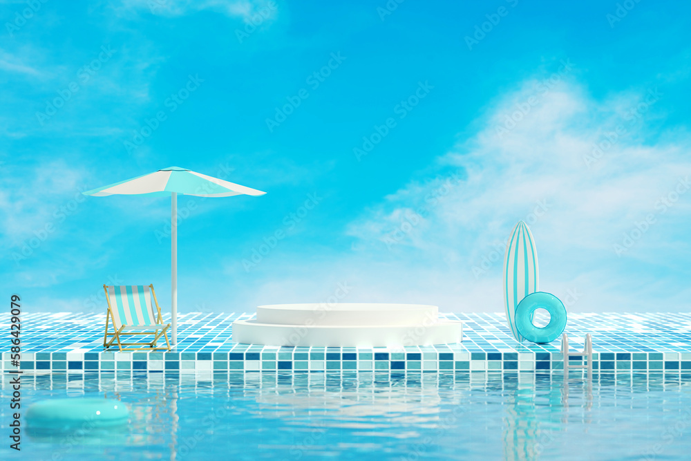 Modern podium in the pool with concept of blue sky background with ...