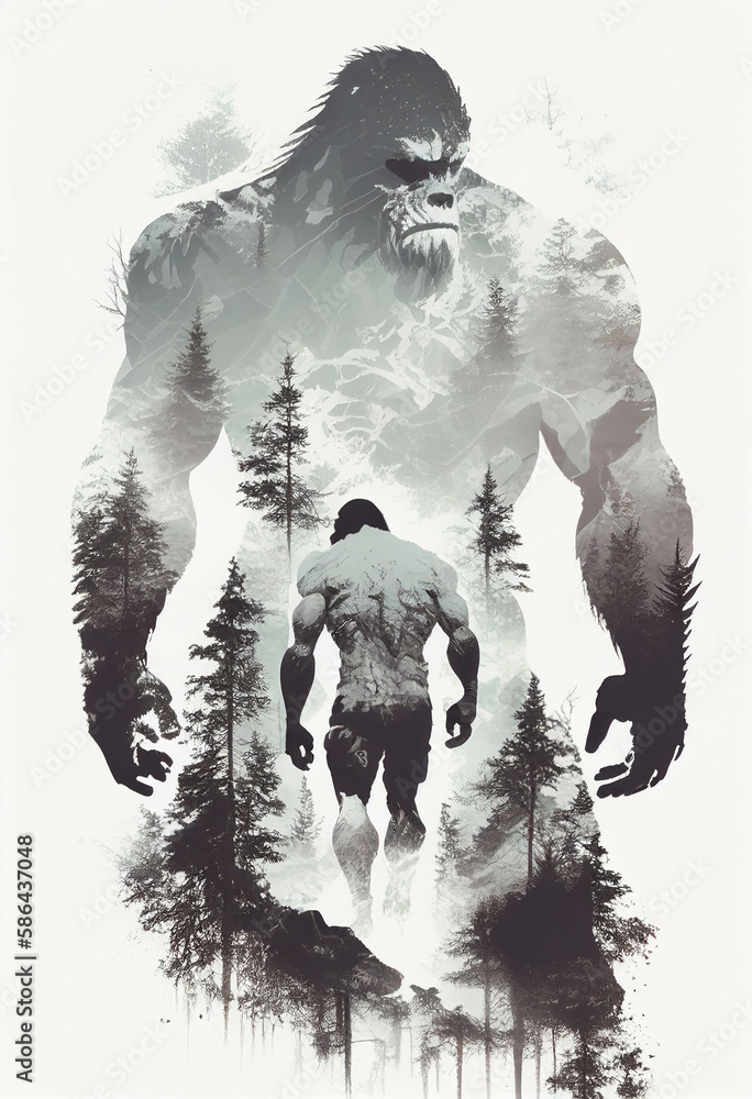 Bigfoot with double exposure mountain forest fog created with Generative AI Stock Illustration ...