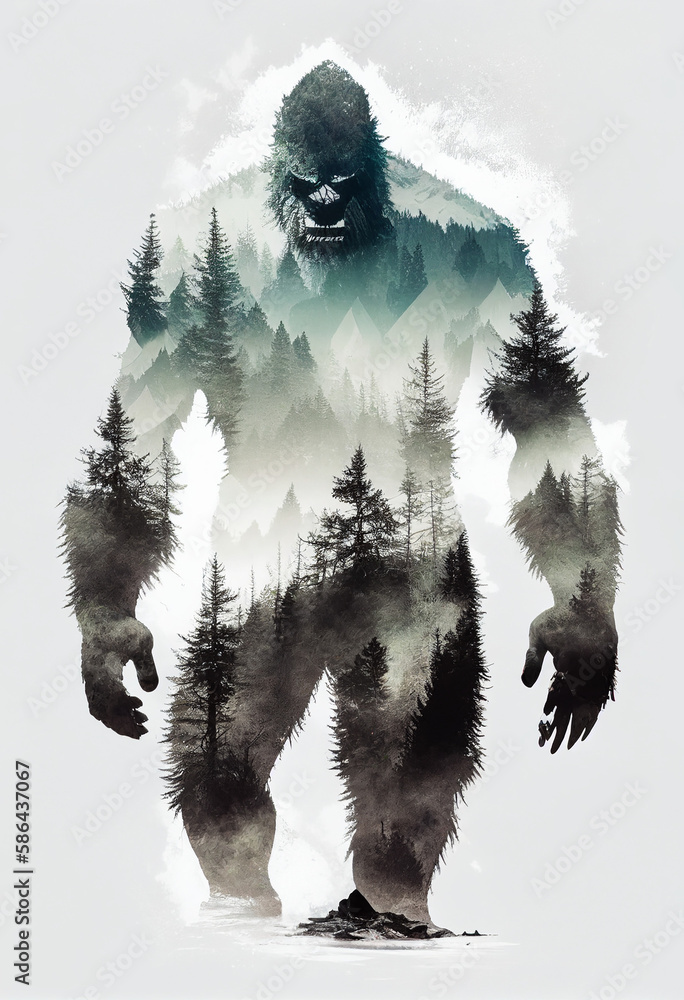 Bigfoot with double exposure mountain forest fog created with Generative AI Stock Illustration ...