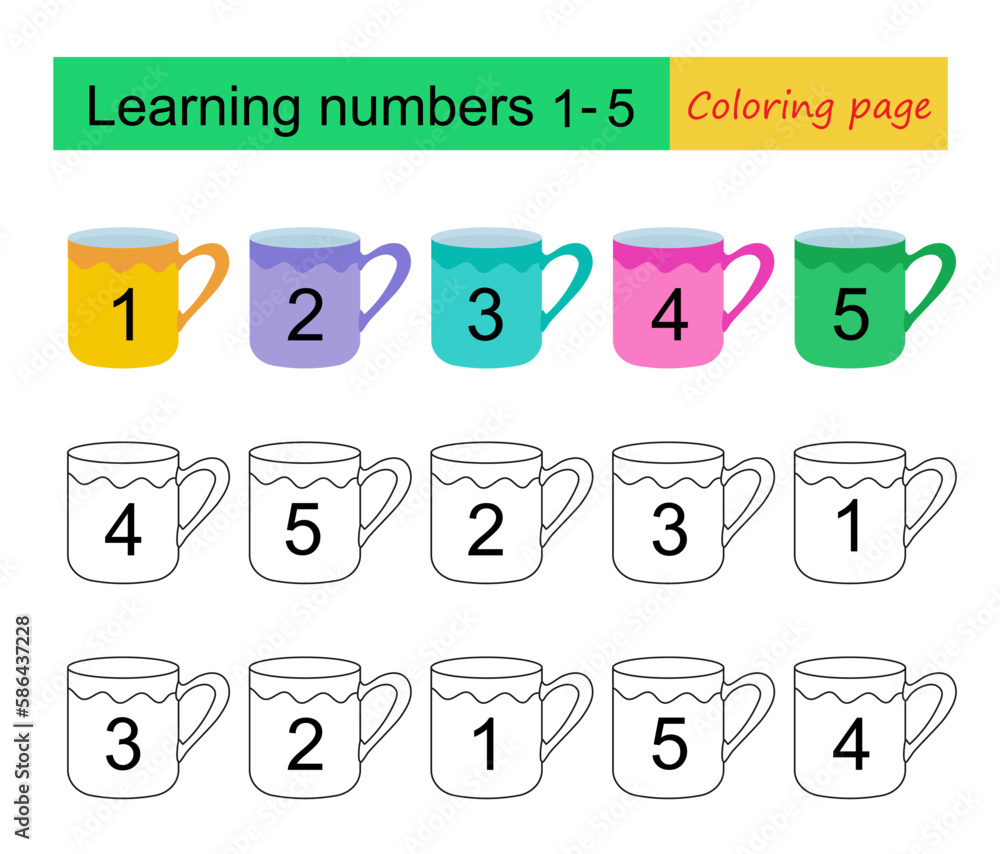 Learning numbers 1-5. Coloring page. Educational material for kids ...
