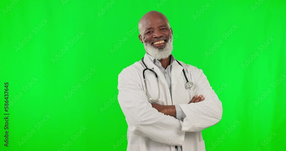 Green screen, black doctor and arms crossed isolated on studio ...