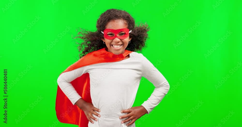 Vidéo Stock Portrait, justice and children with a superhero girl on a ...