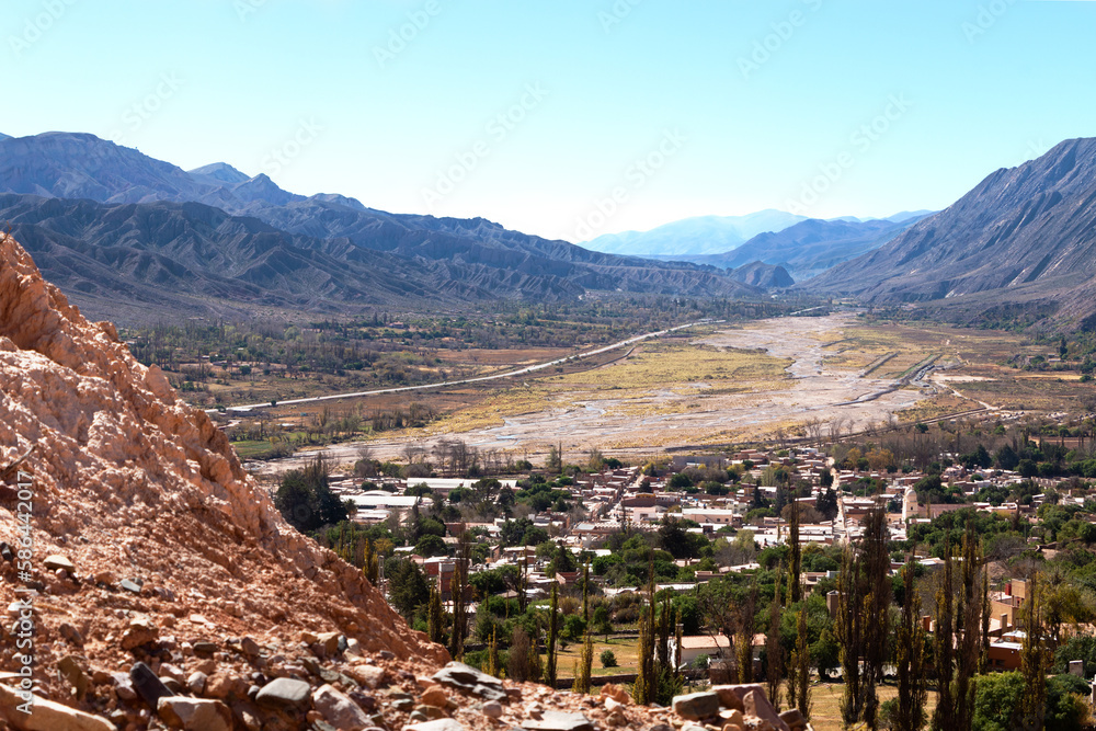 Tilcara town panoramic view seen from a height over the valley between ...